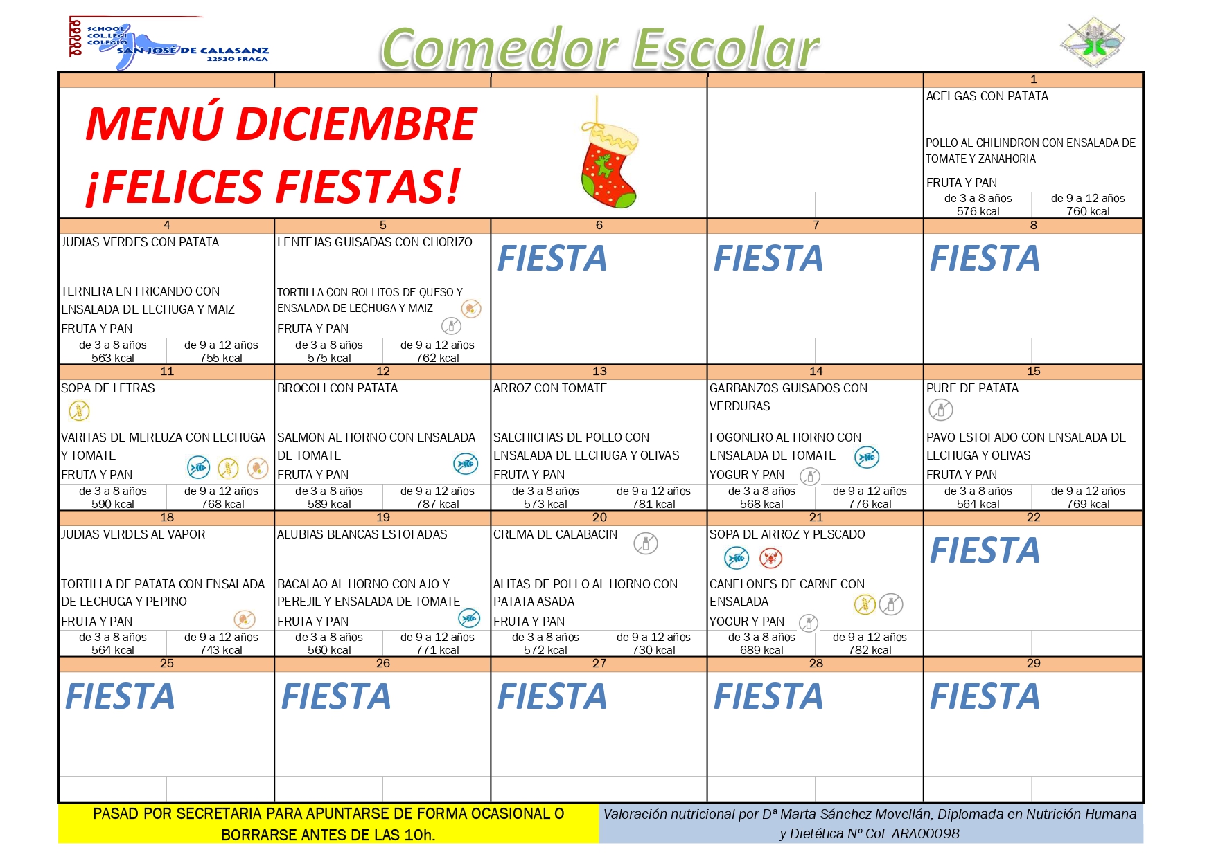 MENÚ DICIEMBRE – CEIP San José de Calasanz